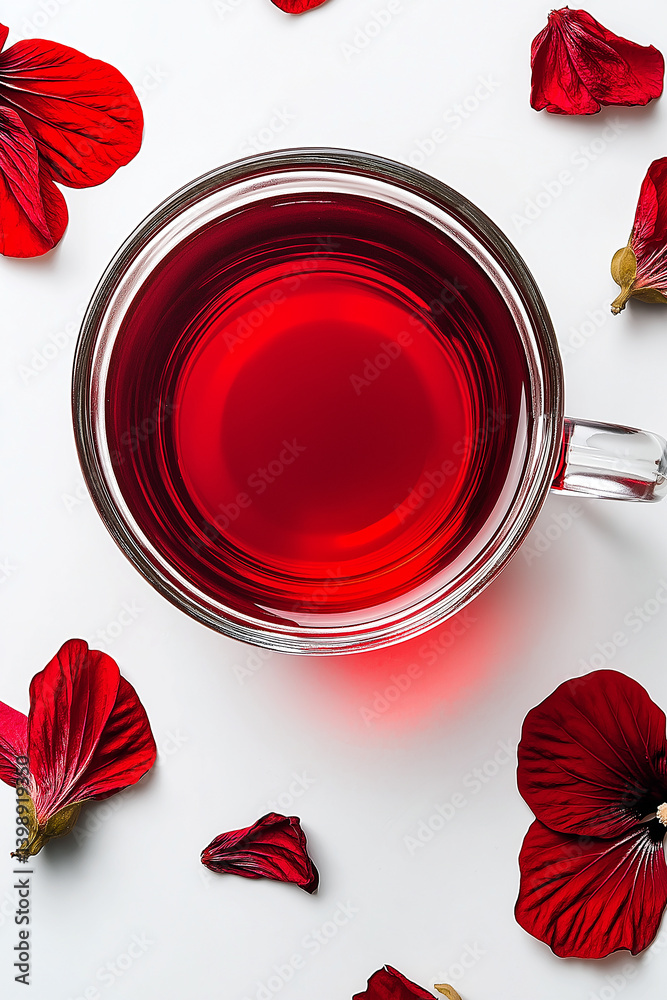 clear glass mug with bright red tea, red tea with jasmine flowers and ...