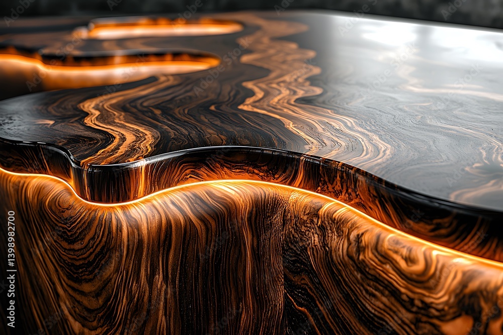 A high-gloss ebony wood panel with subtle golden inlays, illuminated by ...