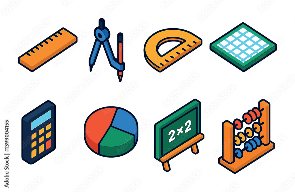 Isometric flat vector set of icons of math tools: ruler, compass ...
