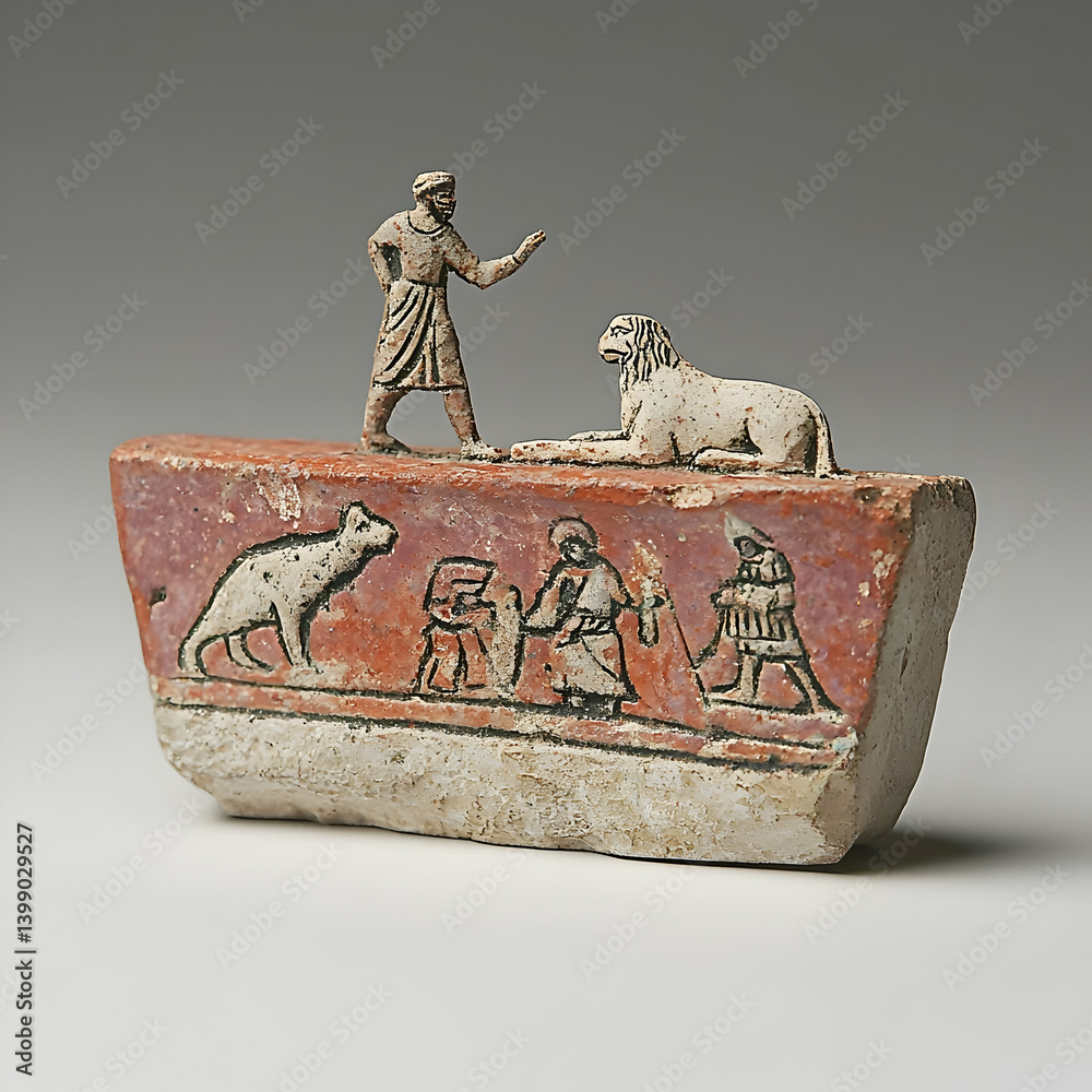 Ancient Mesopotamian terracotta relief depicting lion tamer, animals ...