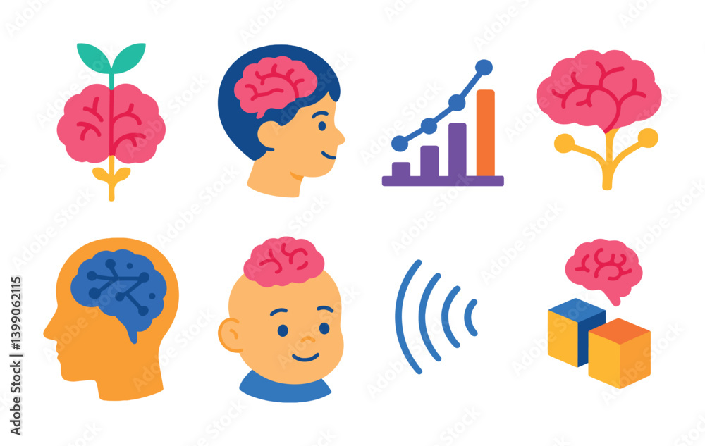Isometric flat vector set of icons of brain development: growing brain ...