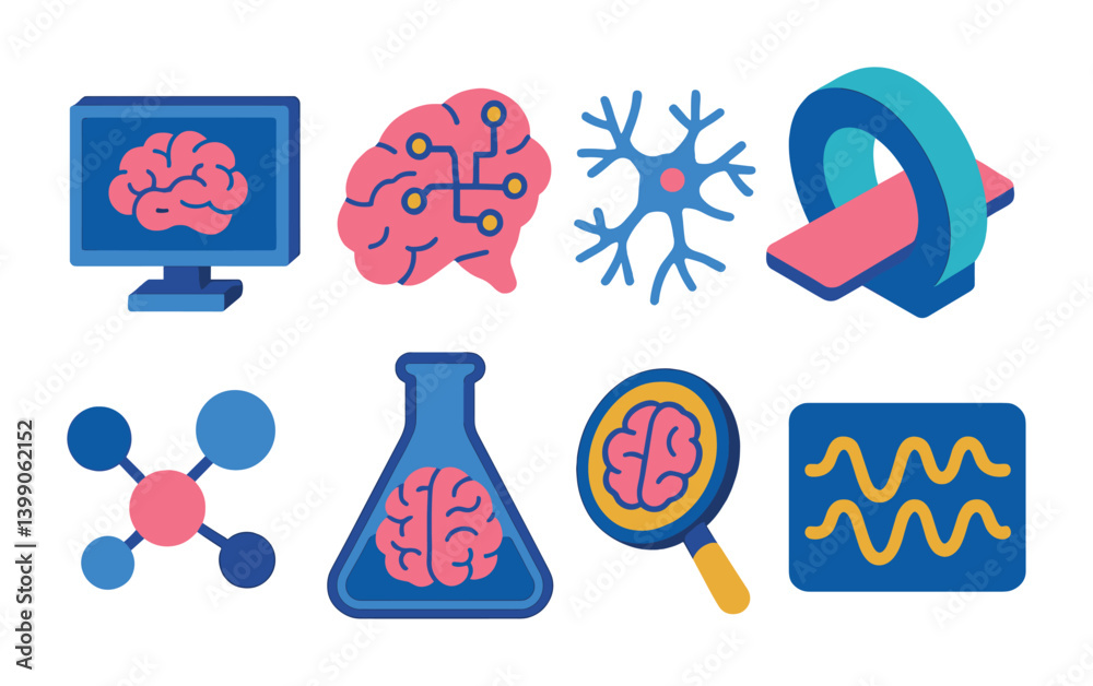 Isometric flat vector set of icons of neuroscience: brain scan, brain ...