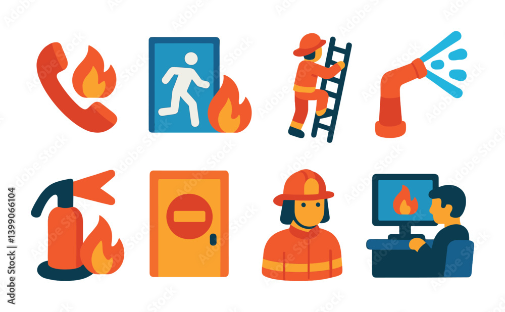 Isometric flat vector set of icons of emergency fire response: fire ...