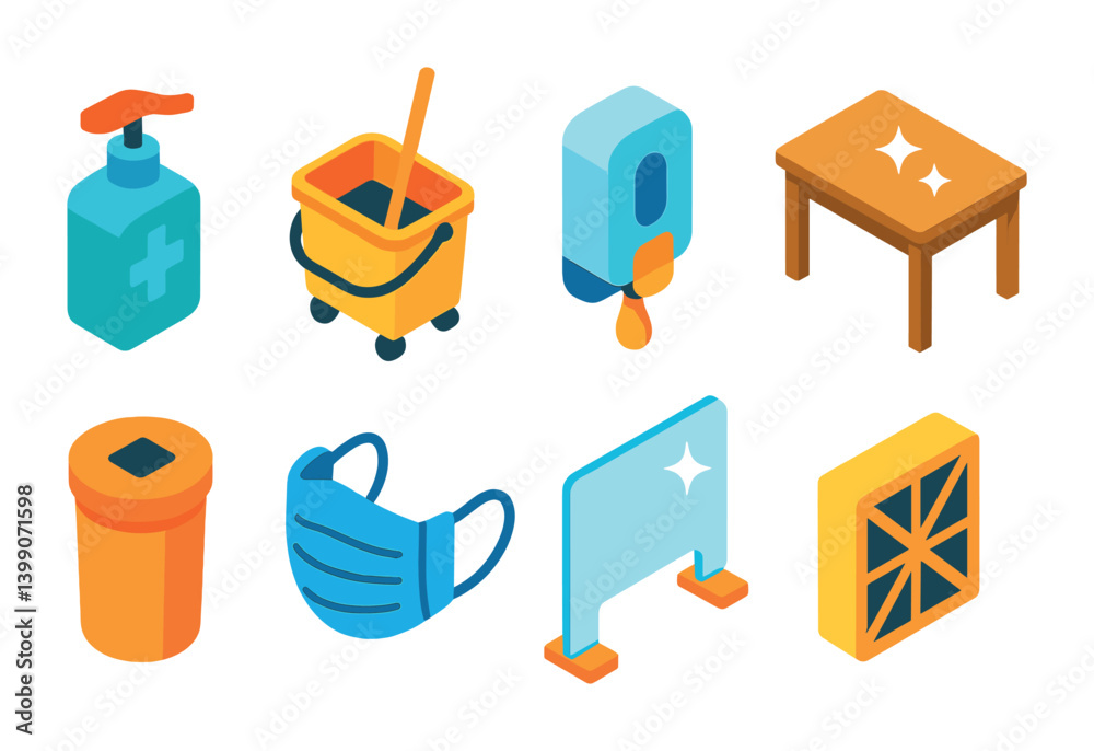 Isometric flat vector set of icons of school cleaning and hygiene: hand ...