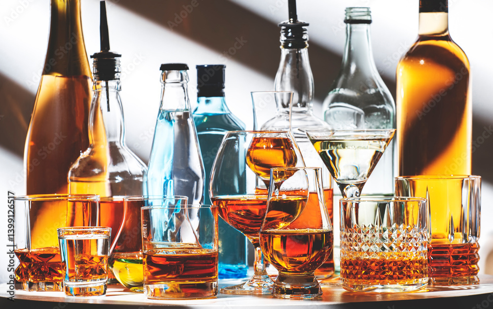 Strong hard alcoholic drinks, spirits, liqueurs, distillates, whiskey ...