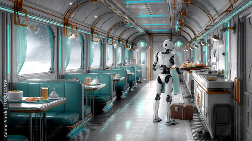space train diner, a dining car inside a space train, a robot waiter ...