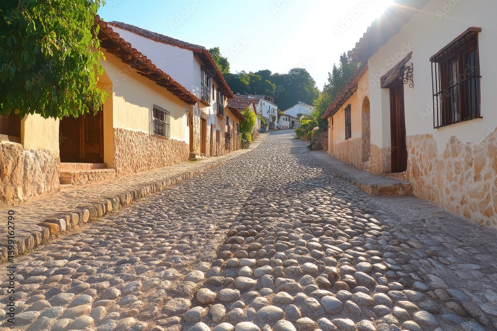 Quaint cobblestone street in a Spanish village. Sunlight highlights the ...