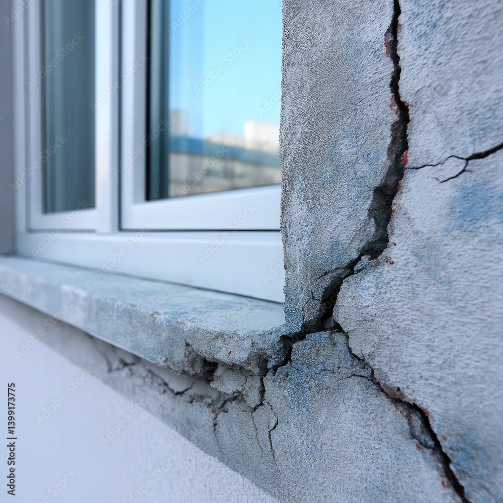Exterior wall cracks around a window. Damaged concrete showing severe ...