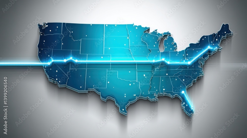 The united states map displaying a prominent blue line in the middle ...