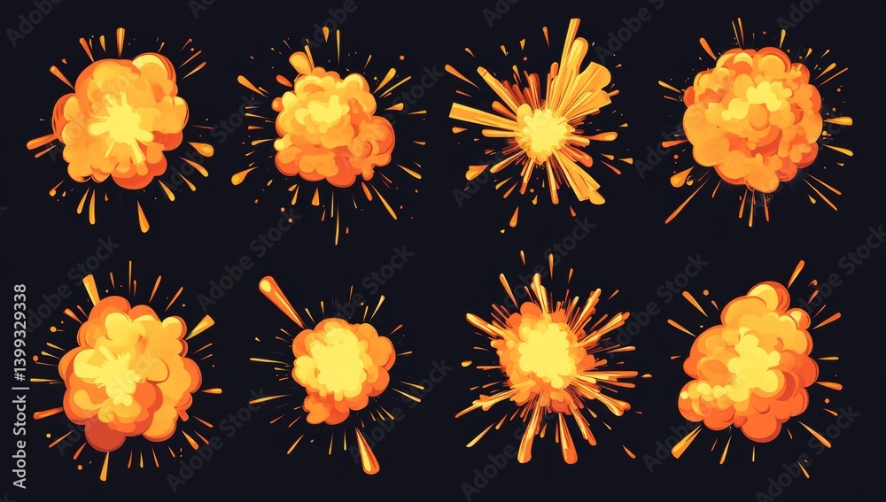 Cartoon explosion effects. Nine variations of fiery, dynamic comic book ...