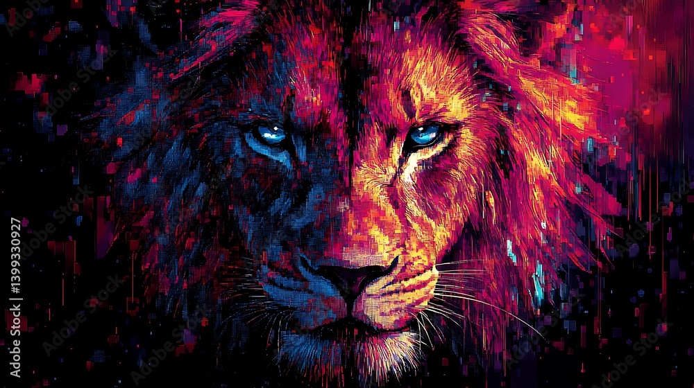Powerful lion facing forward in dramatic pixel art style with blue eyes ...