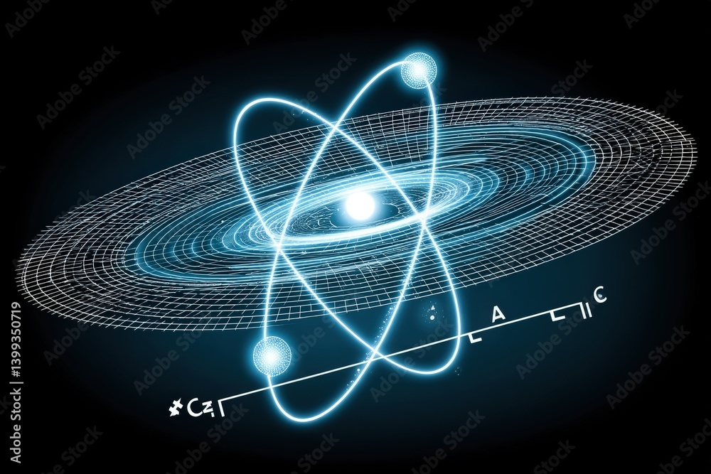 A digital illustration of an atom surrounded by orbital paths ...