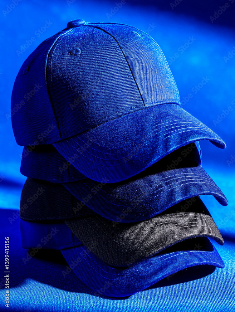 Blue baseball caps stacked on top of each other, against a blue ...