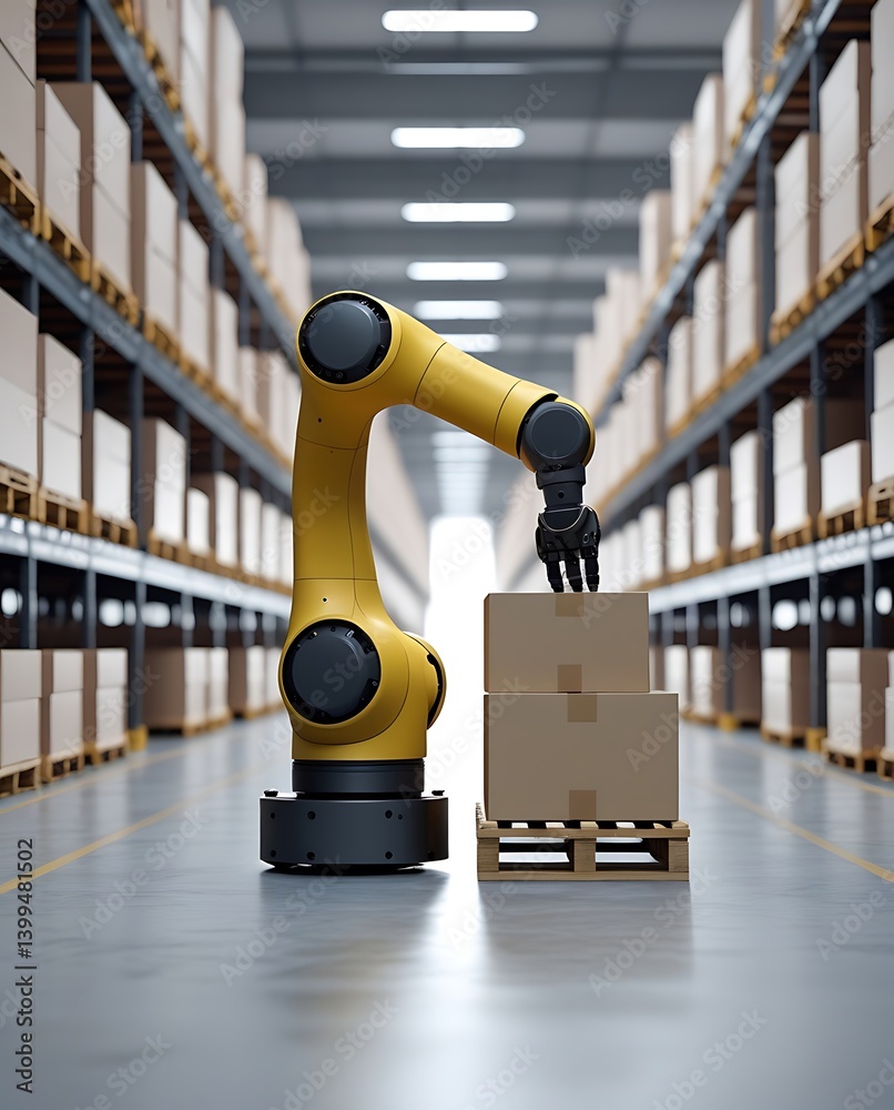 Stock-Foto „Automated robotic arm managing cardboard boxes in a large-scale warehouse filled ...