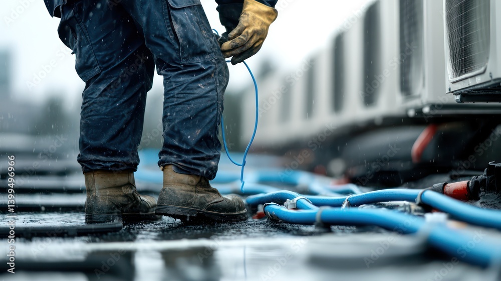 Rooftop installation of a commercial HVAC drainage system, worker ...