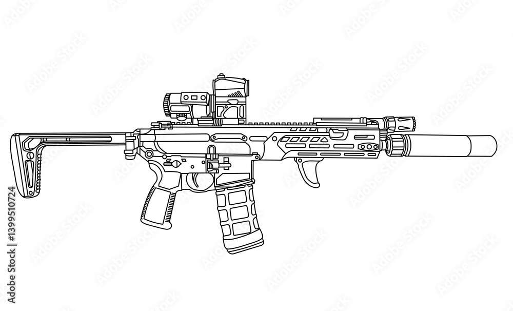 Line Drawing Weapon. Military automatic rifle illustration. Contour ...
