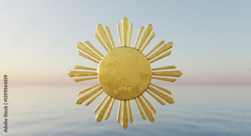 Golden Sun Symbol over Serene Waters: A Digital 3D Render of the ...
