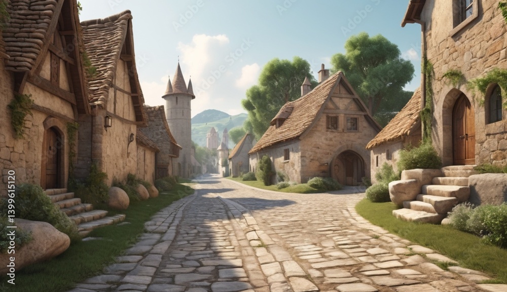 Stock-Foto „Aged stone paths lead the eye through medieval settings ...