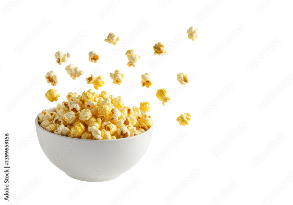 A horizontally floating popcorn bowl on solid white background Stock ...