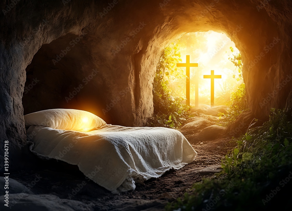 Easter background, empty tomb with linen cloth and light shining from ...