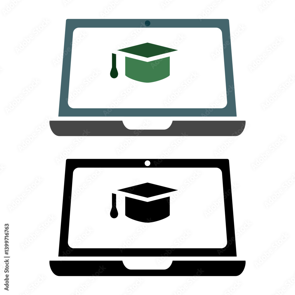 laptop icon with graduation cap, online learning icon, e-learning ...