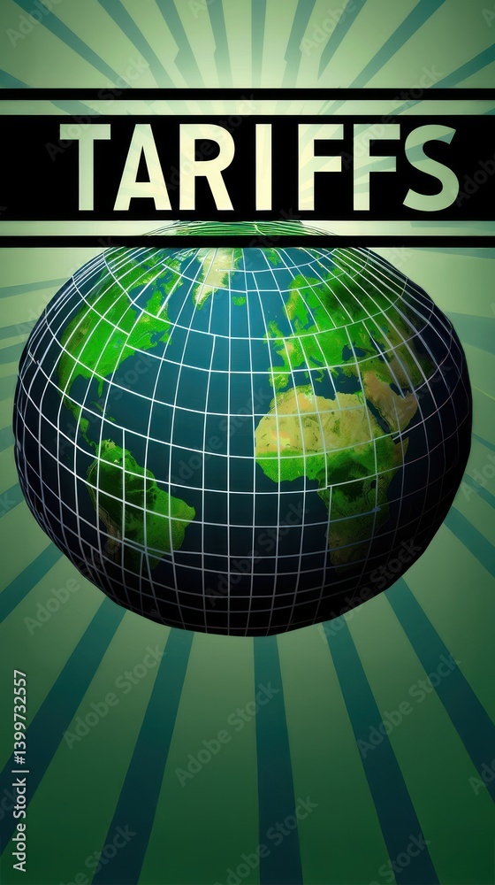 Word TARIFFS in black and white stripes with green Earth shows global ...