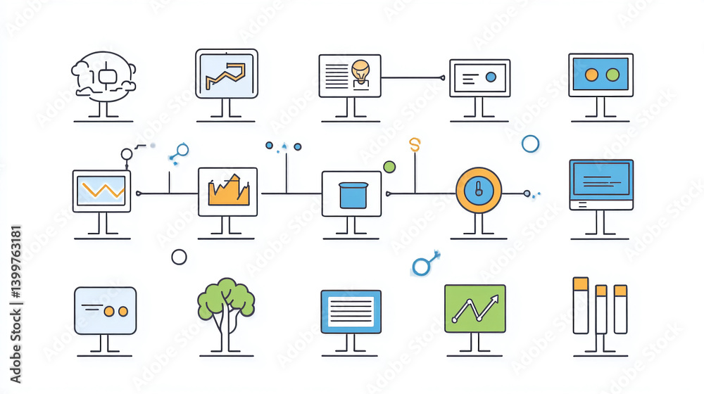 Data analysis network flow chart with computers and graphs for business ...