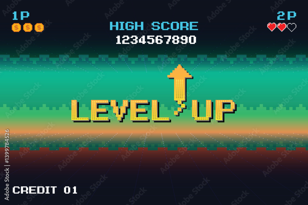 LEVEL UP icon pixel art. 8 bit game. retro game. Retro Futurism Sci-Fi ...