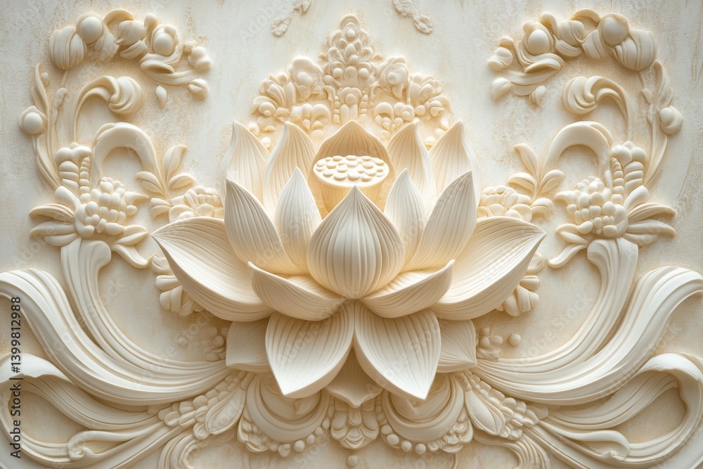 Ornate lotus flower bas-relief carving on a light beige background ...