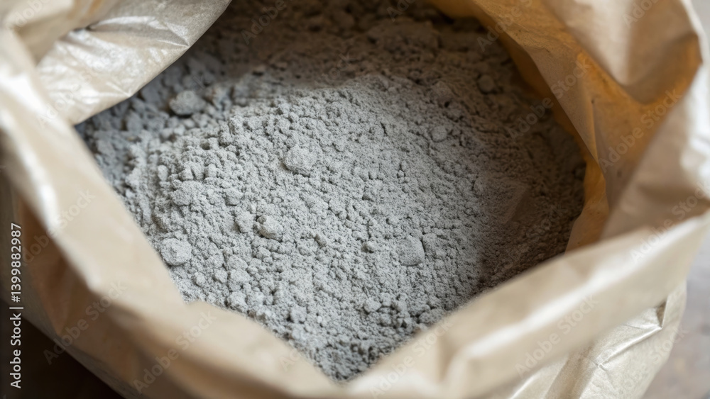 bag of gray cement powder is open revealing its fine texture and ...