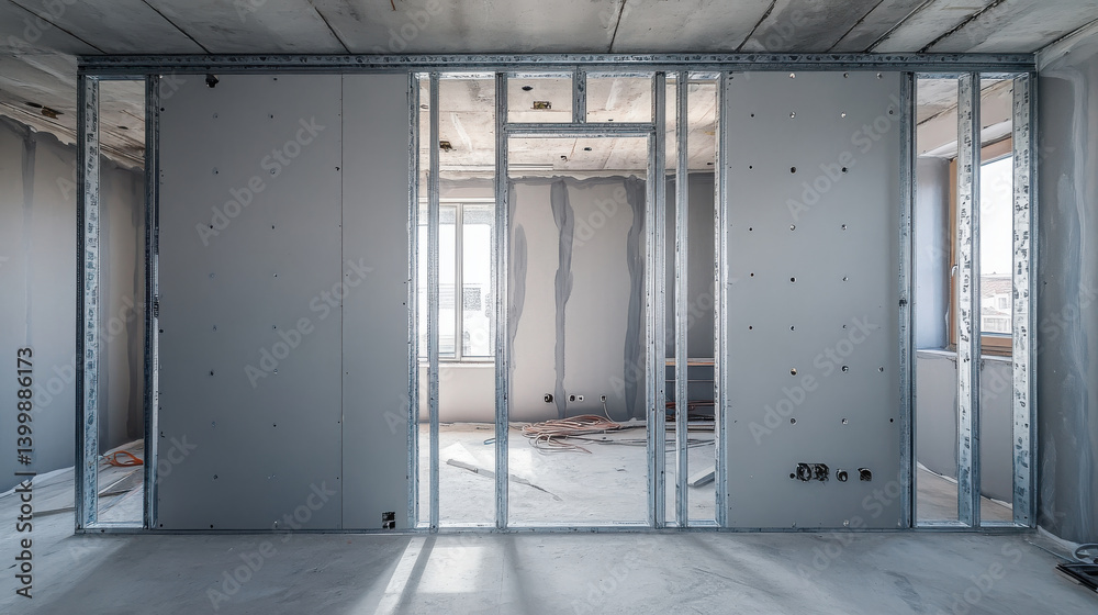 Construction workers are installing drywall in a modern workspace. The walls are framed with ...