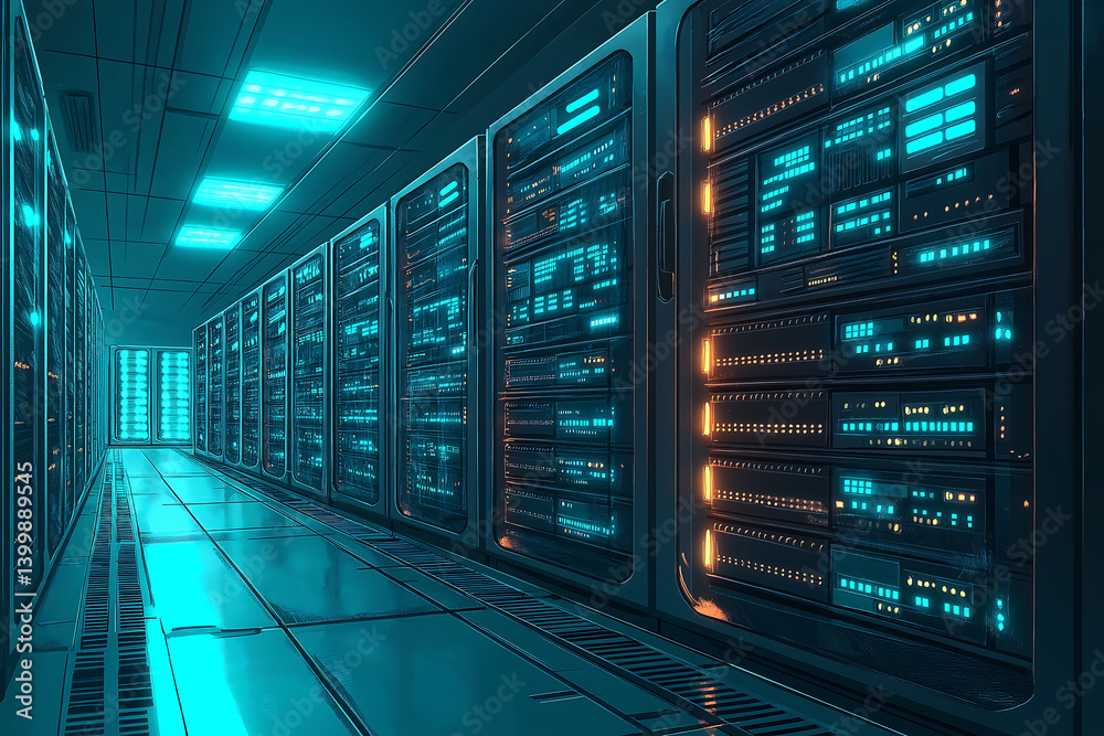 Data center server room hosting cloud computing network infrastructure ...