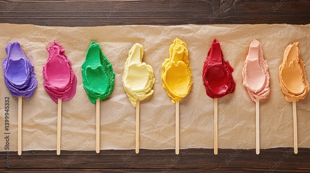 Rainbow of gelato flavors on wooden sticks arranged like a fan on ...