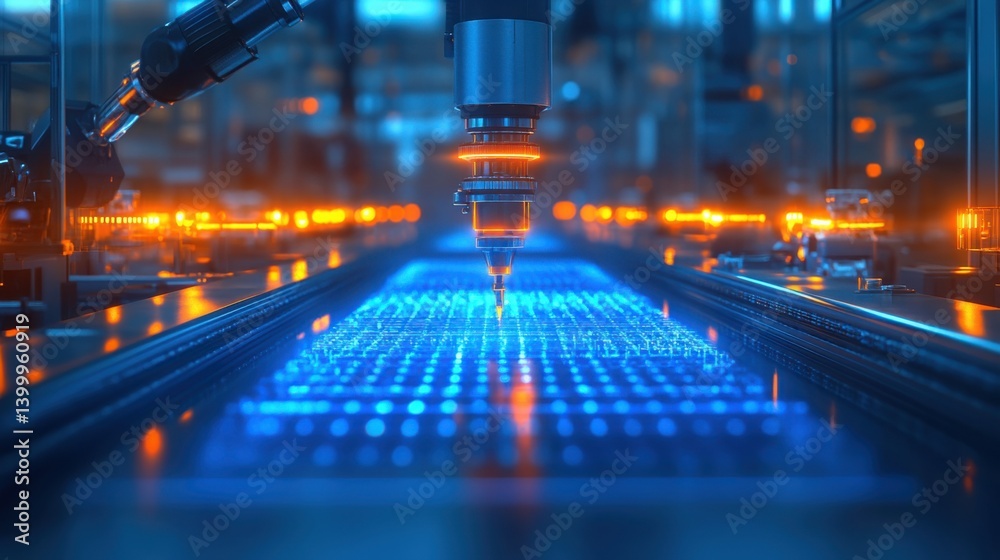 Robot arms work efficiently on a production line, assembling components in a highly automated ...