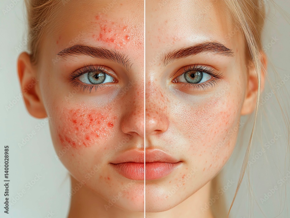 woman's face before and after cosmetic procedures with acne skin ...