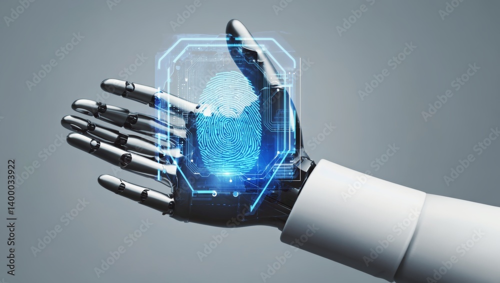 Robotic hand scanning a digital fingerprint using futuristic interface representing biometric ...