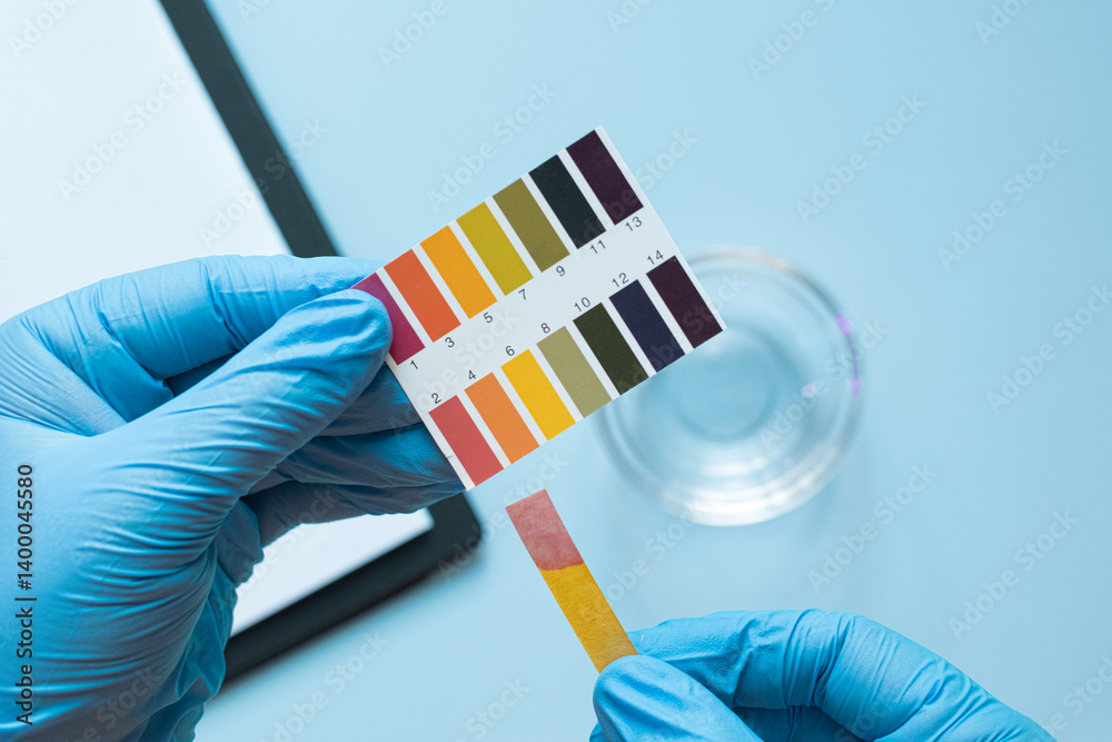 Foto de Stock Gloved hands testing ph level with color chart and strips ...