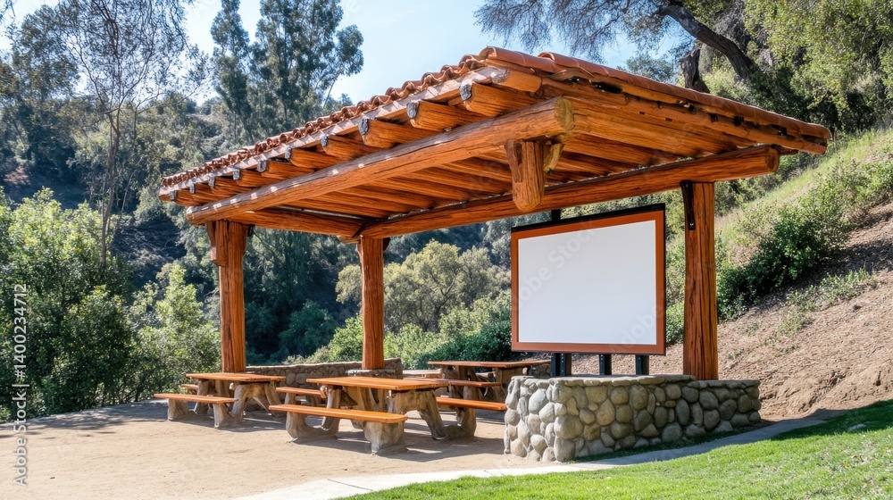 Outdoor classroom with solar-powered whiteboard, wooden benches, and ...