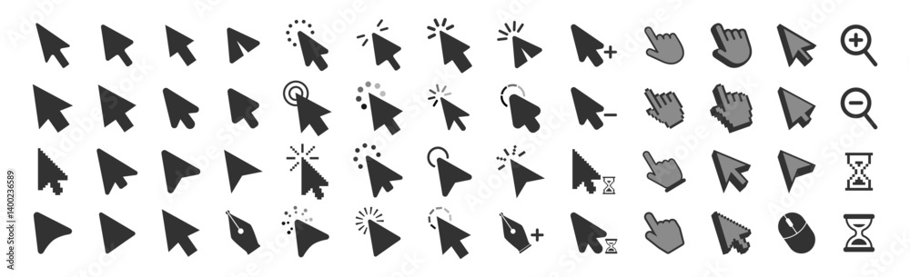 Computer mouse click cursor isolated on transparent. Cursors icons click set. Cursor set in hand ...