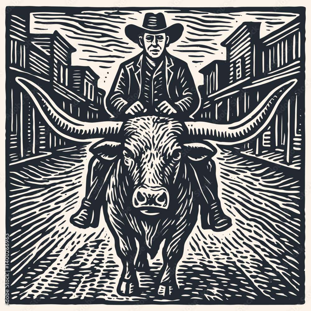 Black and white woodcut vector of a cowboy riding a large longhorn ...