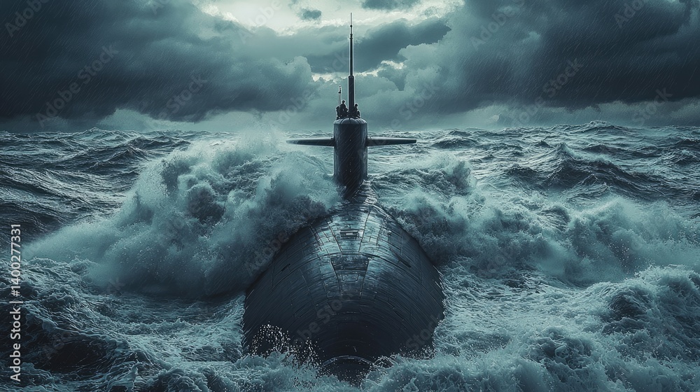 Submarine battling stormy seas. Powerful vessel navigating rough waters ...