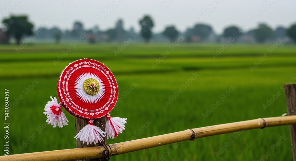 Red Assamese japi placed outdoors on wooden pole amidst rural scenery ...
