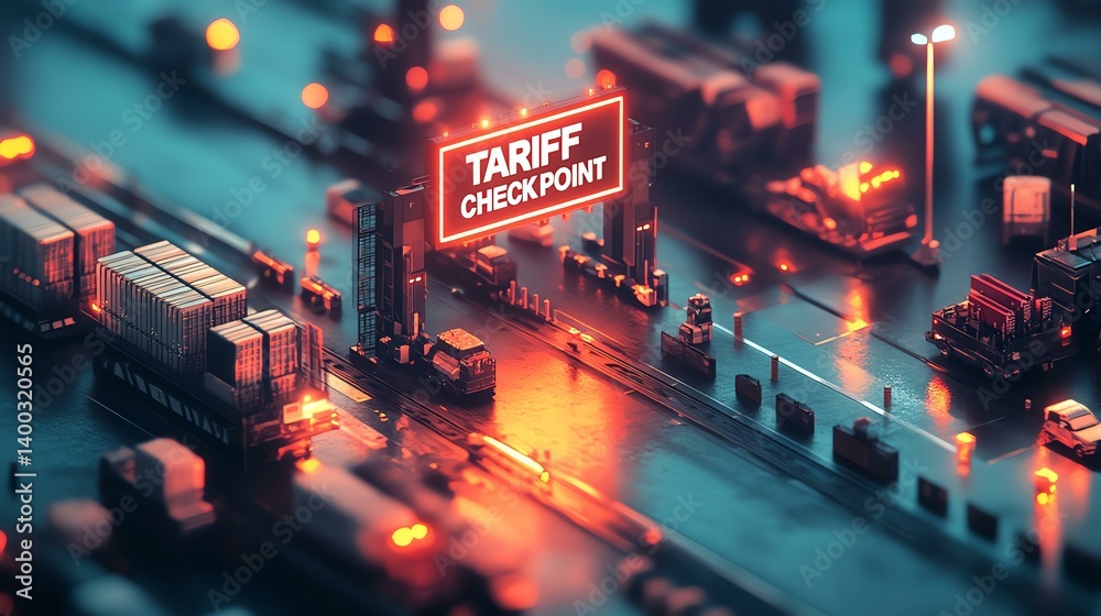 Tariff checkpoint inspection at cargo zone with glowing signage and ...
