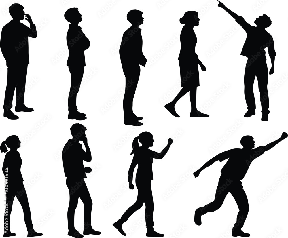 Silhouette people vector art illustration standing walking pointing ...