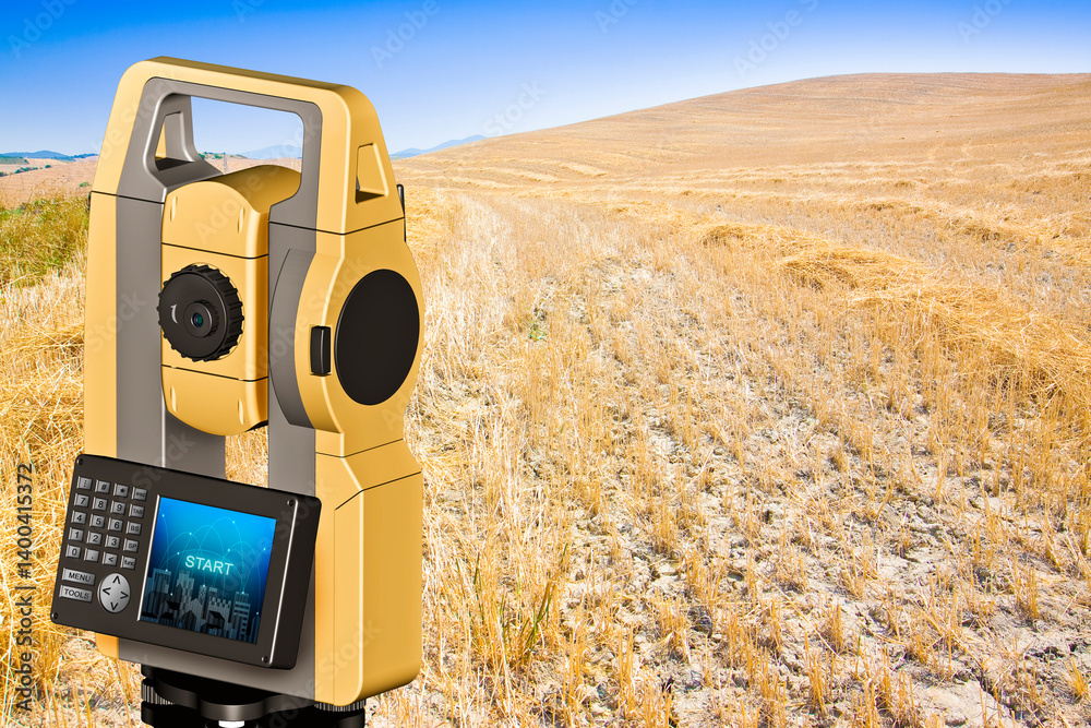 Rural scene with field and 3D rendering of a geodesic device, called ...
