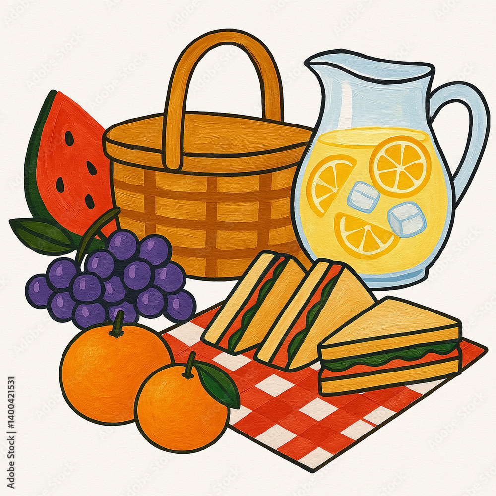 Watercolor Clipart Set, A picnic scene featuring a basket, pitcher of ...