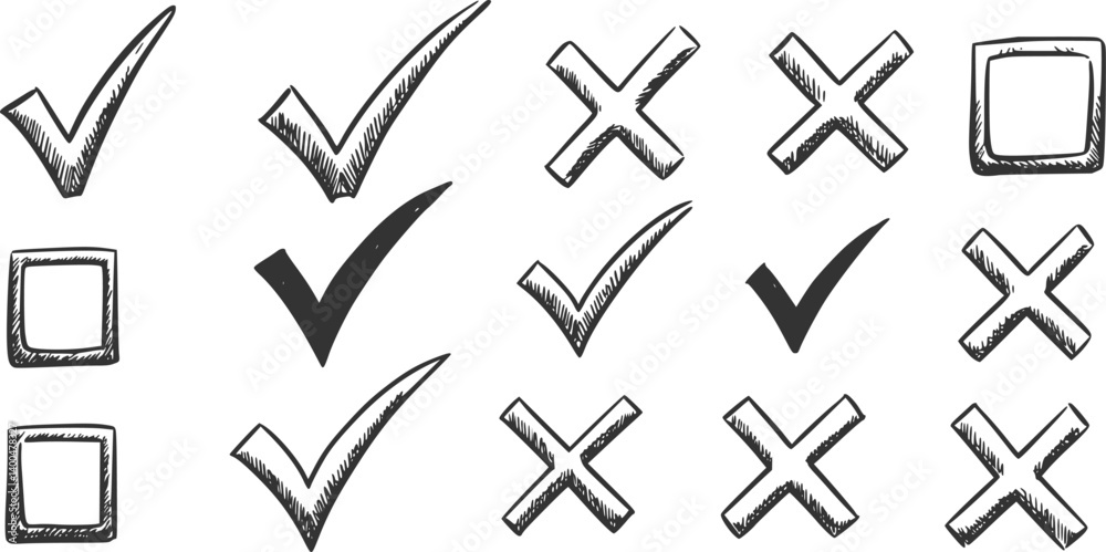Check marks doodle set. Checkbox, checklist, tick and cross signs, v and x in sketch style. Hand ...