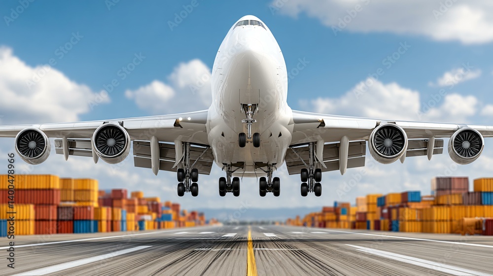 High-resolution image of a modern cargo jet taking off from runway with ...