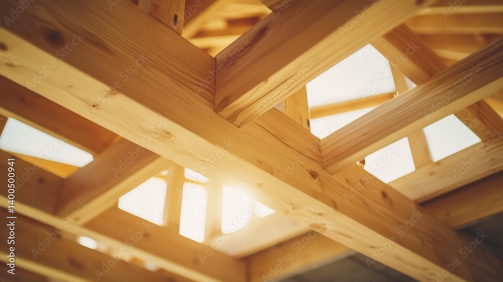 Carpenter installing wooden beams for a ceiling structure. Featuring ...