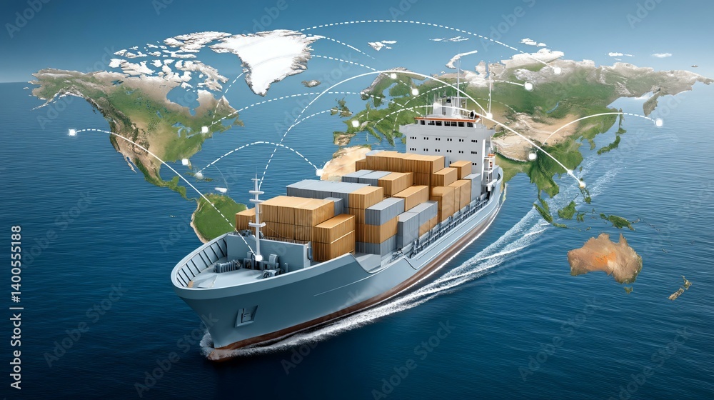 Digital visualization of shipping industry with cargo ship image and ...
